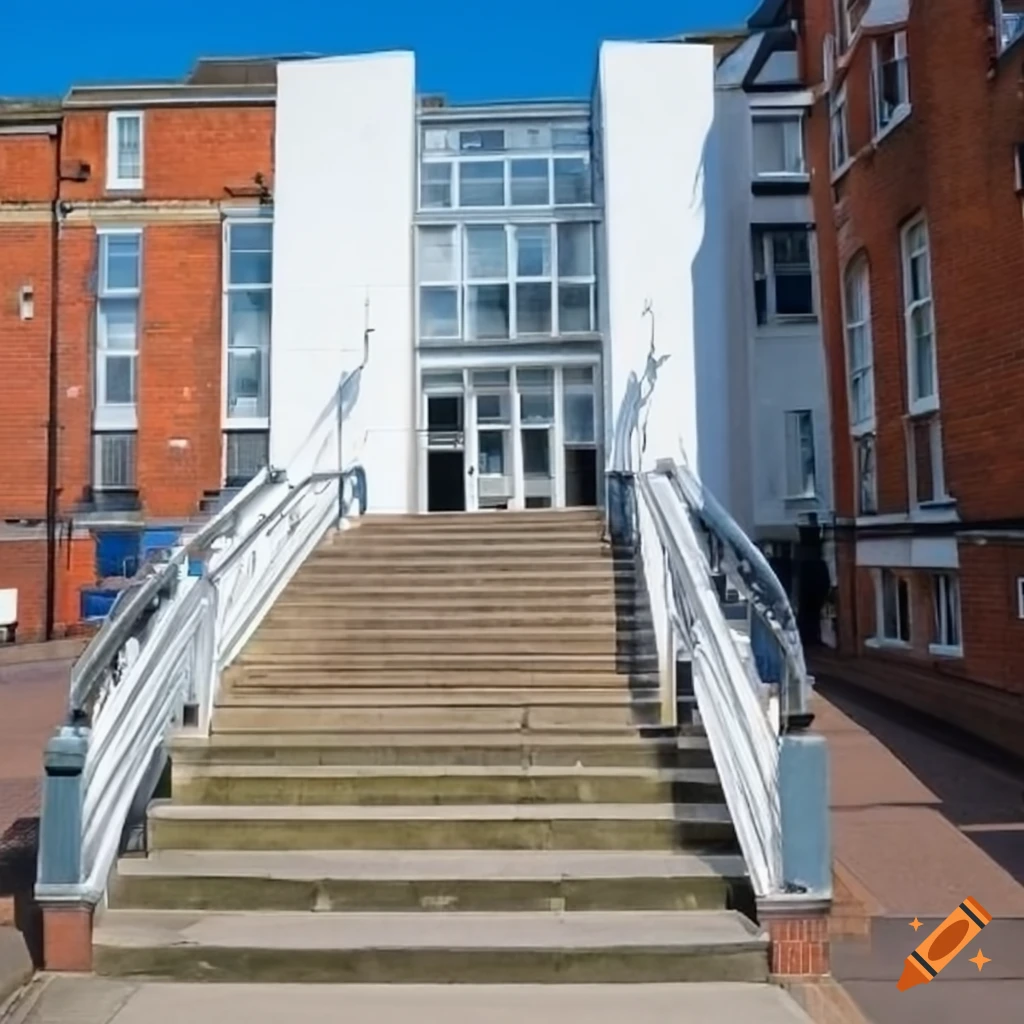 Short wide steps leading to the two-story white entrance of Wyggeston ...