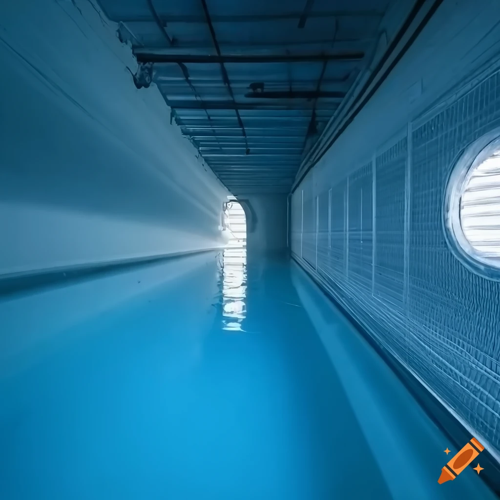 Interior of industrial water tank with swimming pool and high windows ...