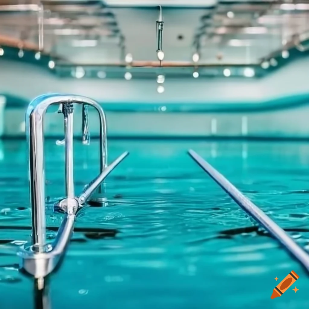 Large indoor swimming pool with metal railings and fences on Craiyon