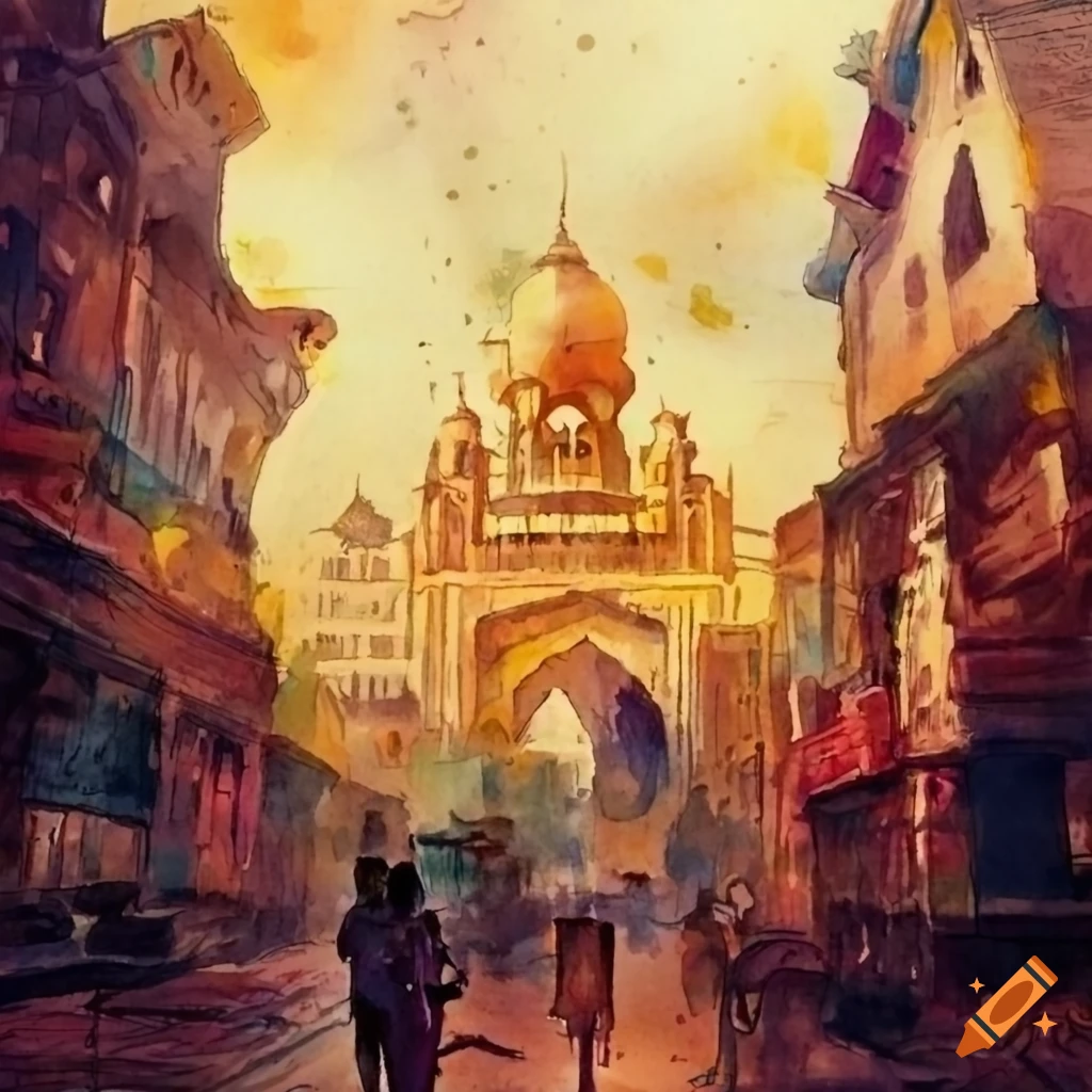 Indian steampunk city in watercolor style on Craiyon
