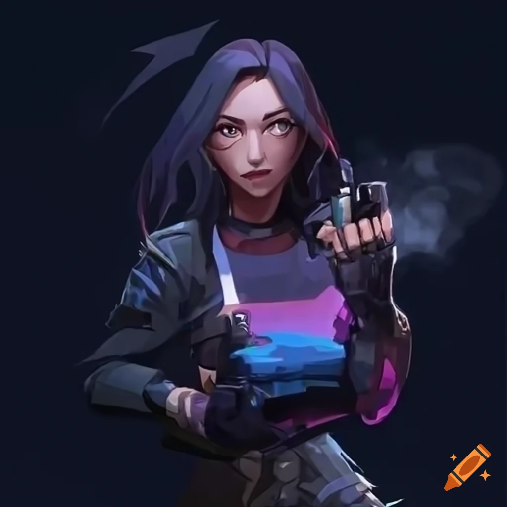 Female Valorant agent with vape in cyber tech outfit on Craiyon