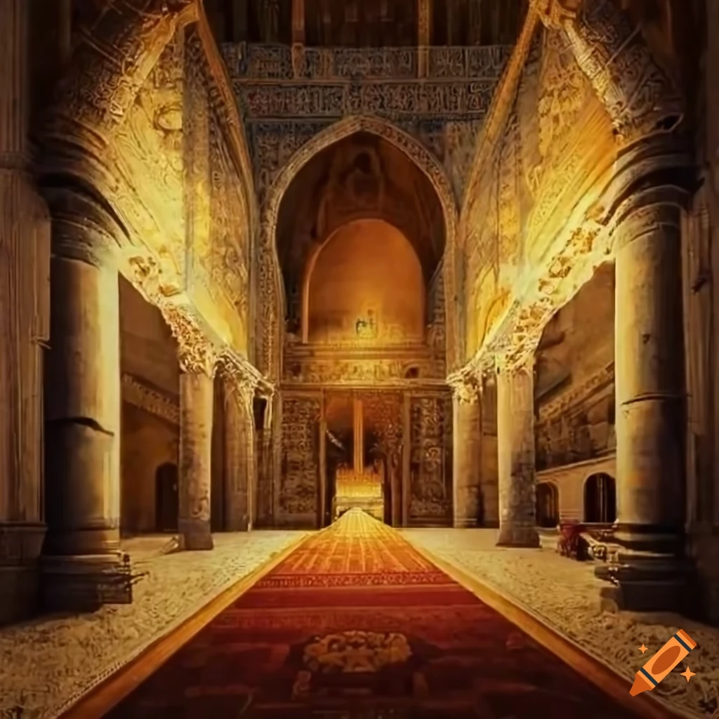 Interior of a temple in jerusalem with a displayed crown and thieves ...