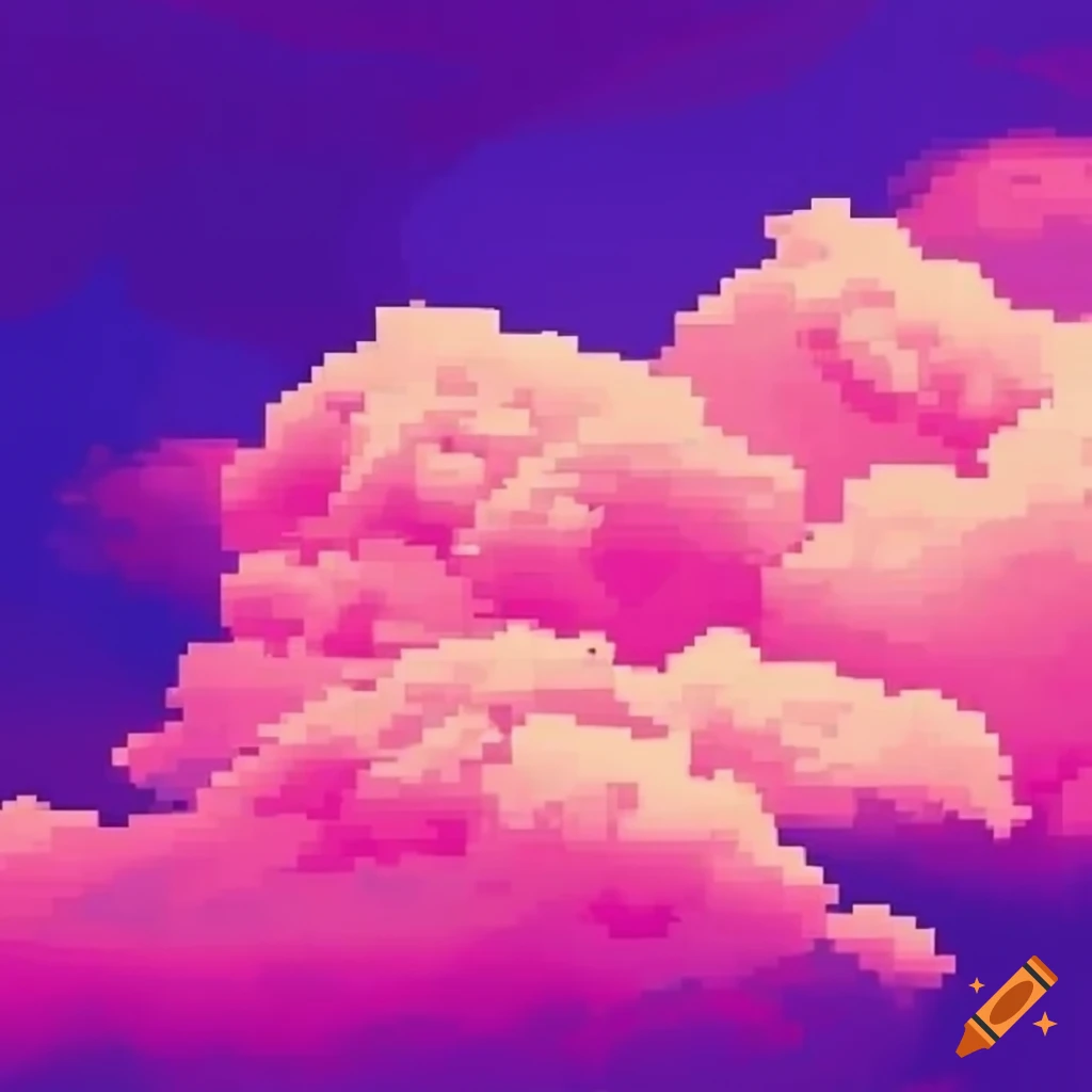 Retro pixel art of blue sky with pink clouds on Craiyon