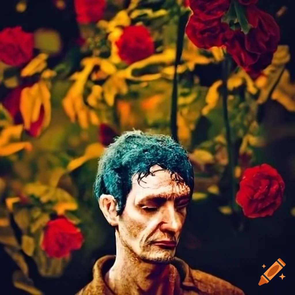 Sad man in a colorful garden on Craiyon