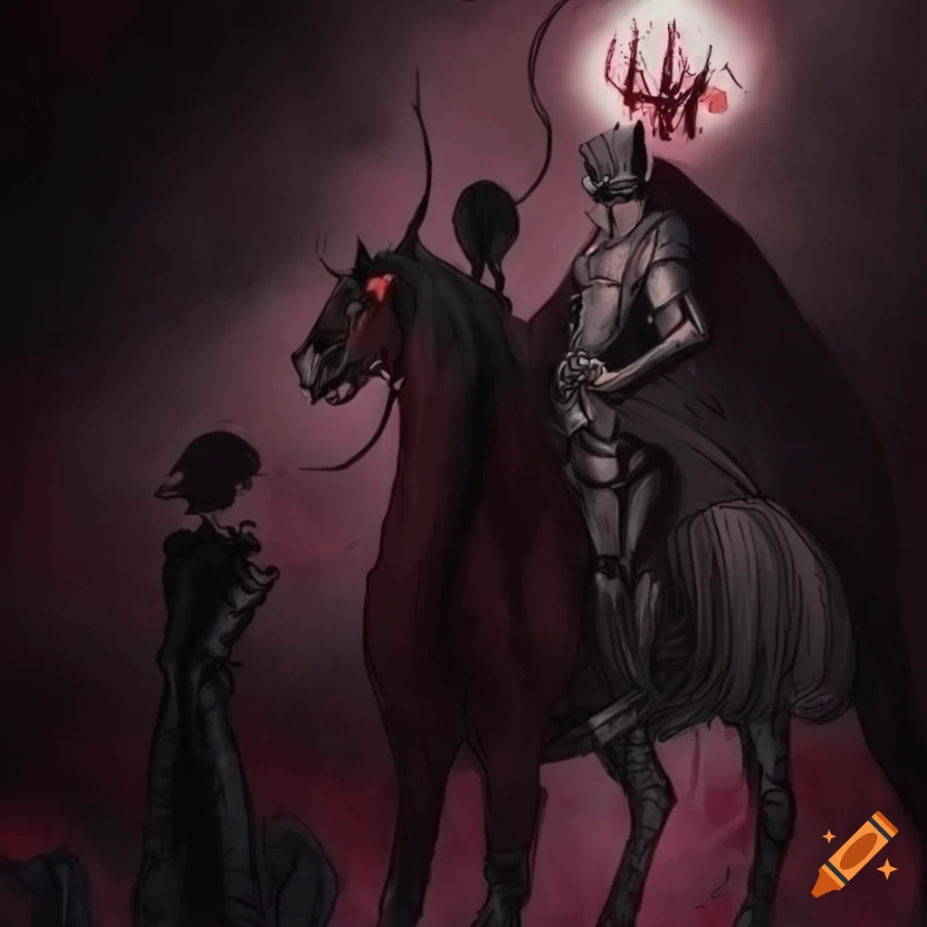 Headless knight on horse in black armor against a gloomy background on ...