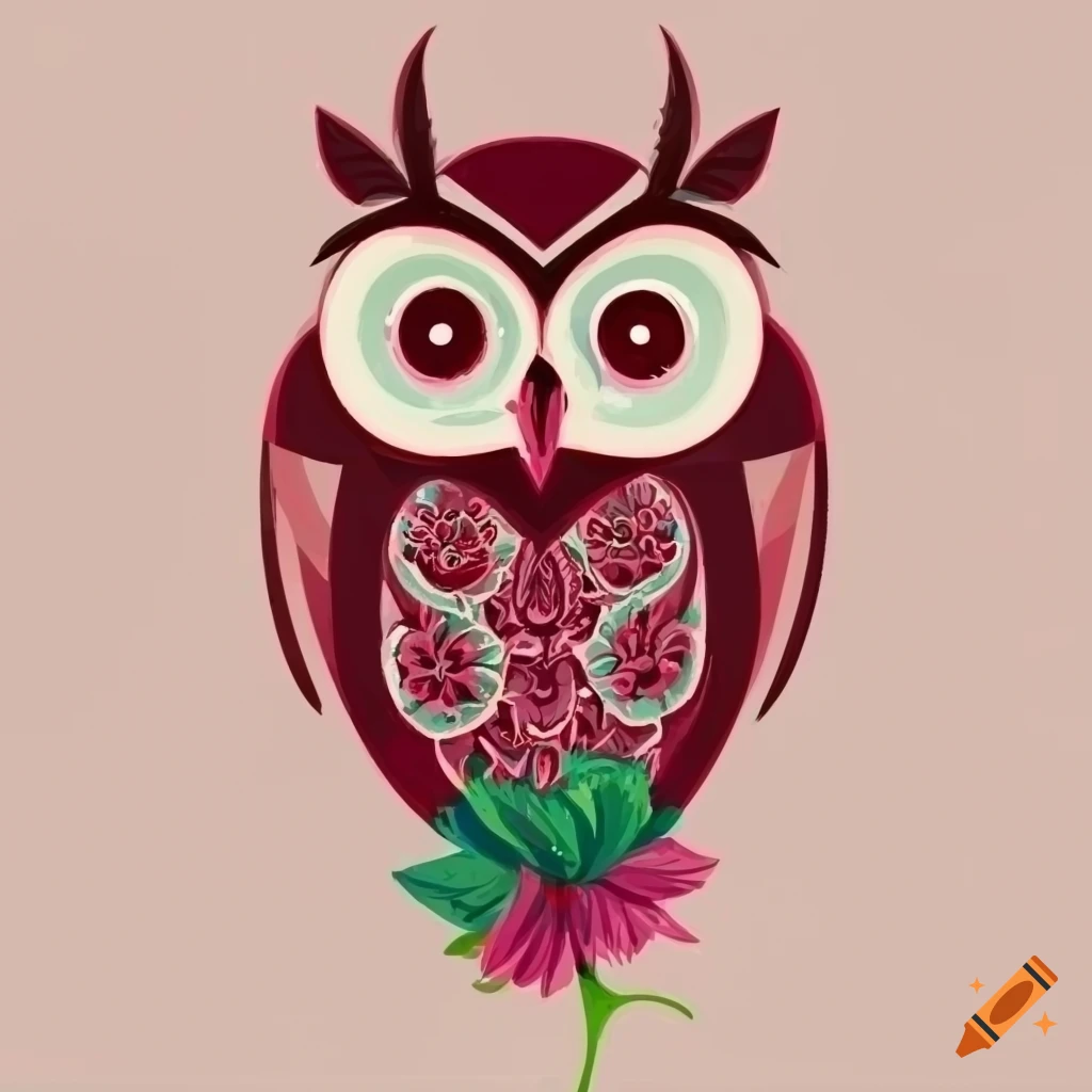 Folk style owl surrounded by maroon and green flowers in an ...