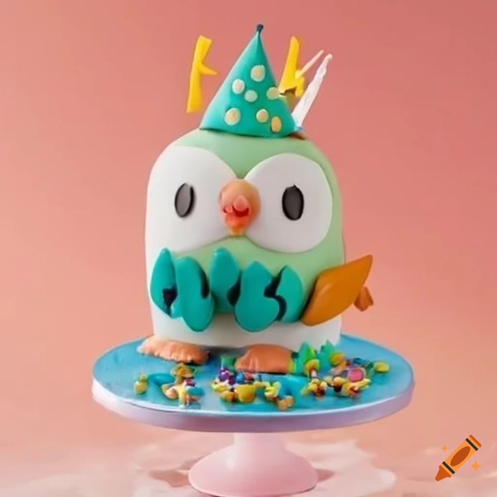 Pokemon birthday cake with rowlet figurine decoration on Craiyon