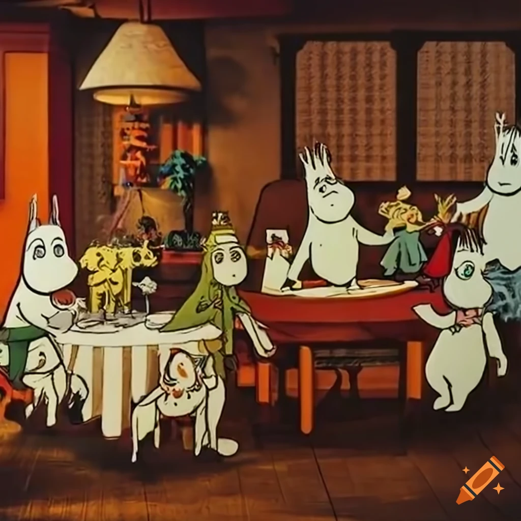 Moomin characters at a steaming café table on Craiyon