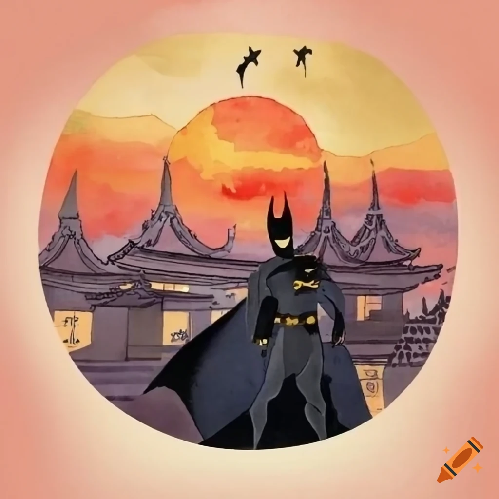 Batman at sunset with bats and a temple in ukiyo-e style on Craiyon