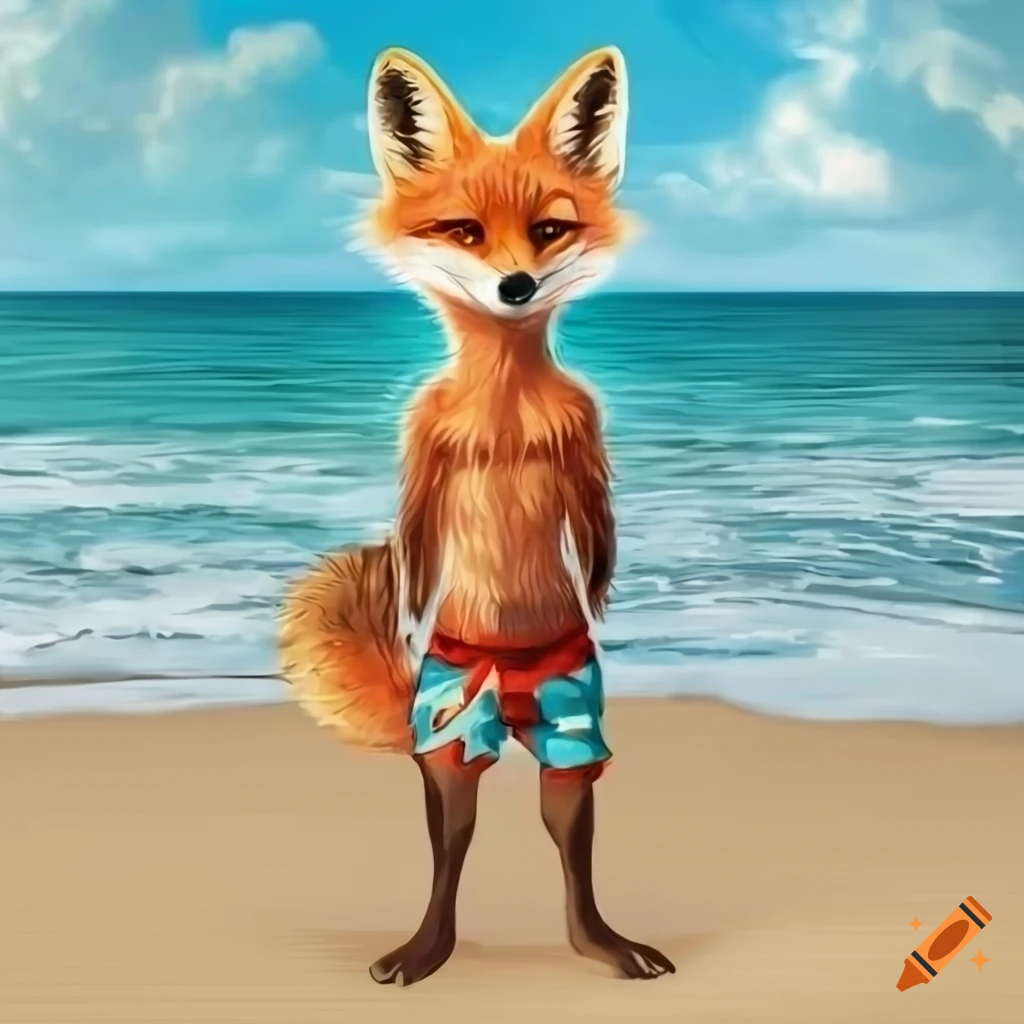 Anthropomorphic fox in swimming trunks on the beach on Craiyon