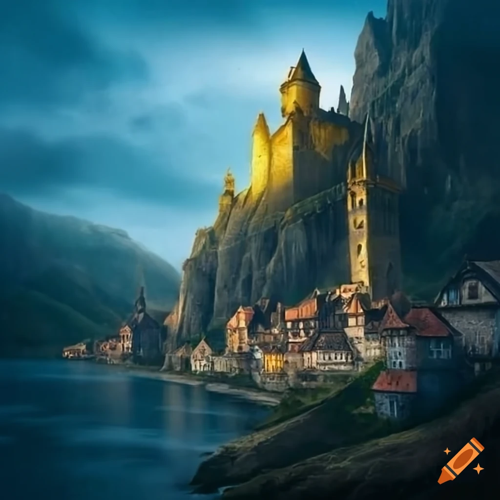 Medieval town with gilded castle on a cliff and billowing banners on ...