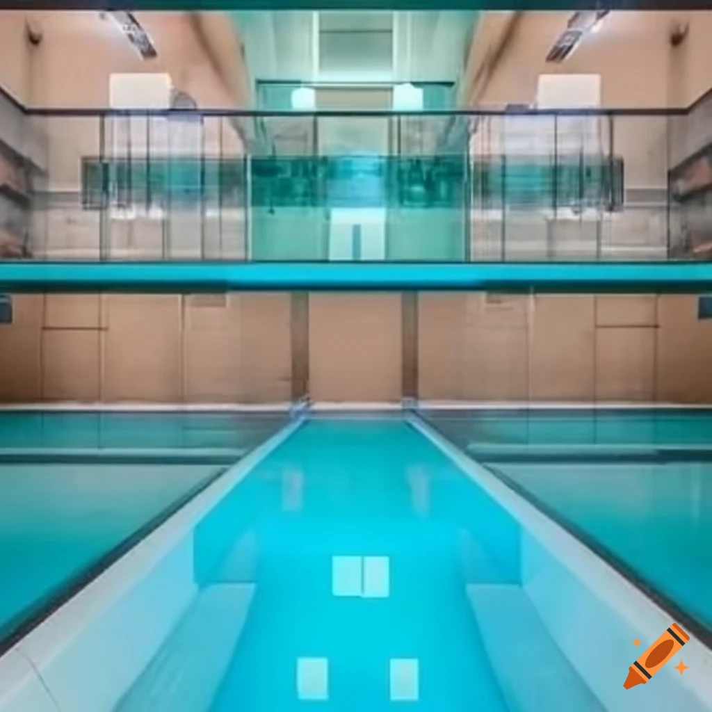 Glass prison cell filled with pool water in an infinite complex on Craiyon