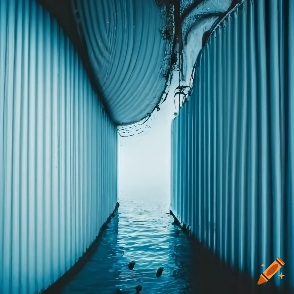 View inside an industrial water tank with white corrugated walls and ...