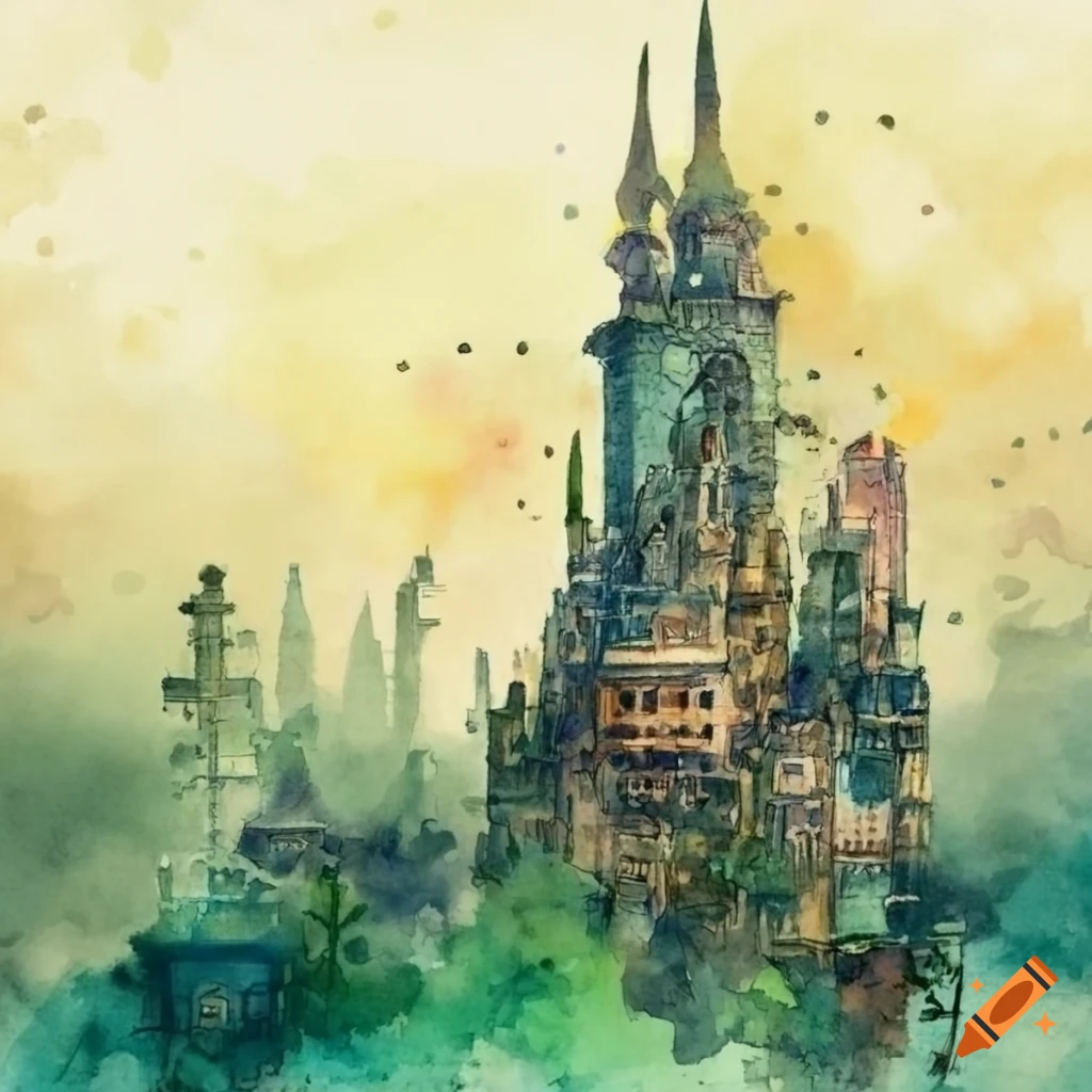 Steampunk city overgrown with vegetation in a watercolor style on Craiyon