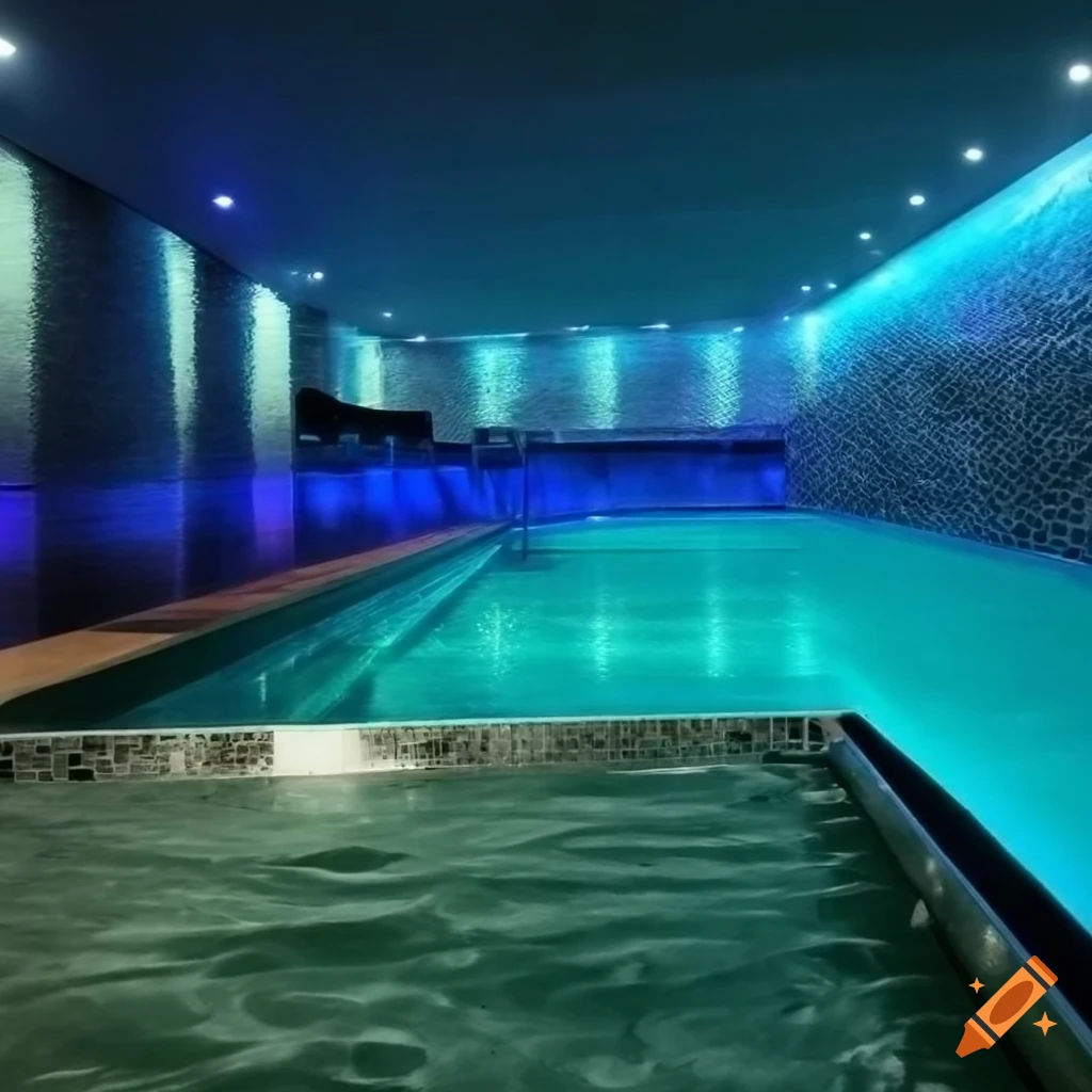 Indoor swimming complex with multiple pools and hot tubs at night on ...