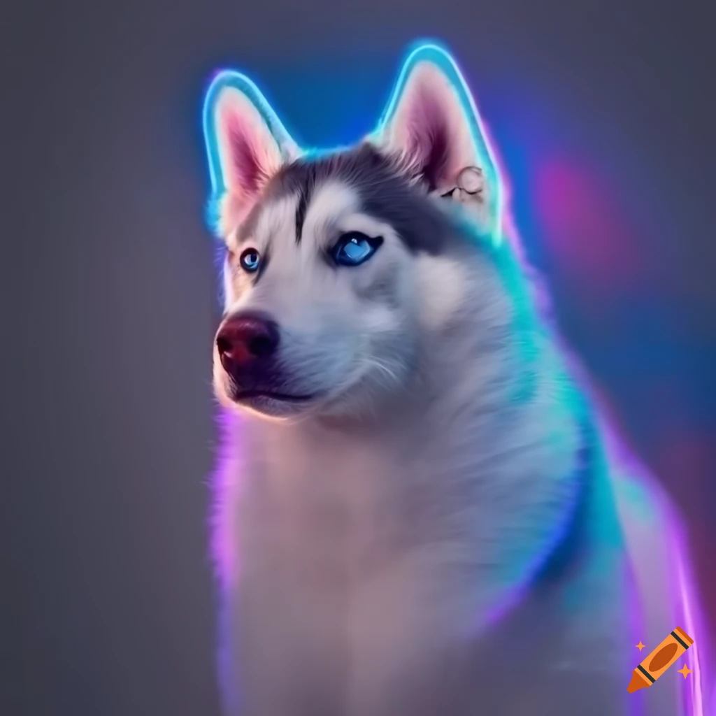 White husky with blue eyes in neon lights on Craiyon