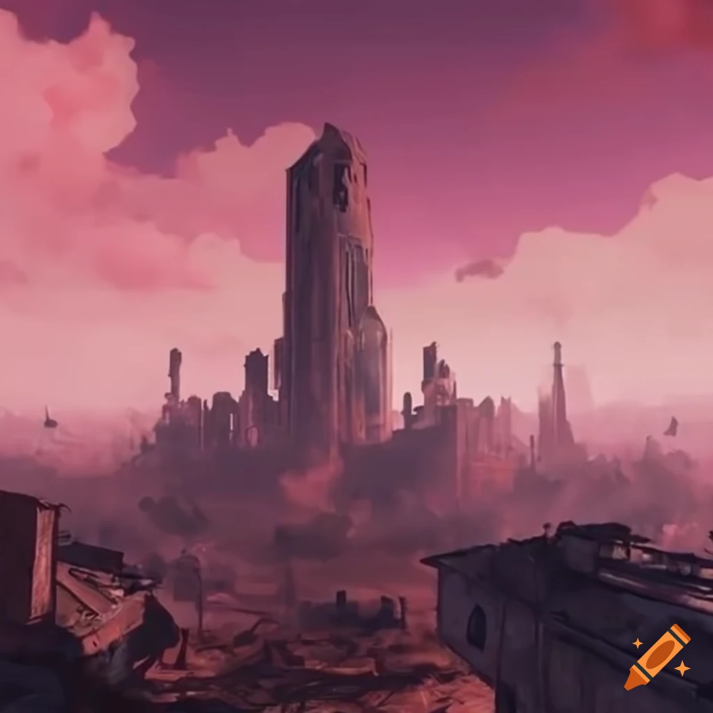 Fallout 76 concept art of a ruined cityscape with pink tones on Craiyon