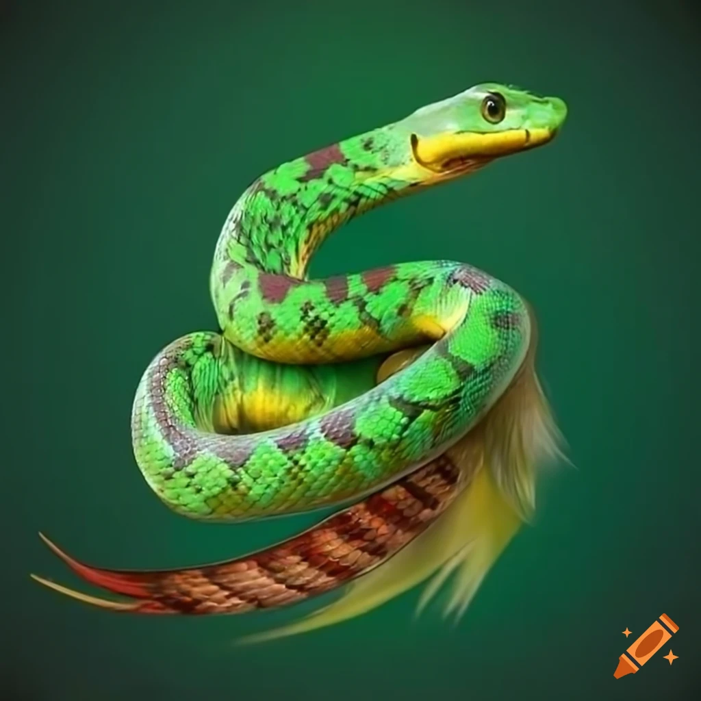 Snake with green and gold feathers on Craiyon