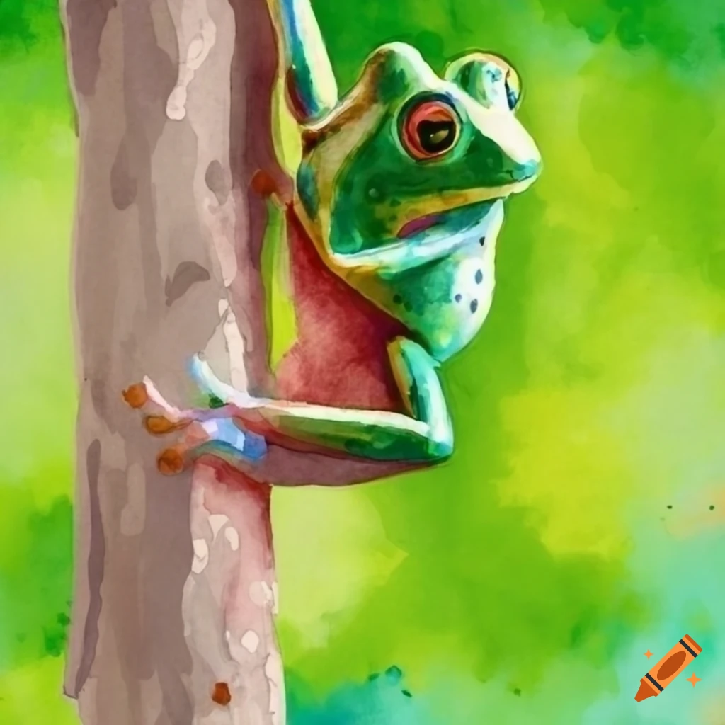 Frog hanging from a branch in watercolor style on Craiyon