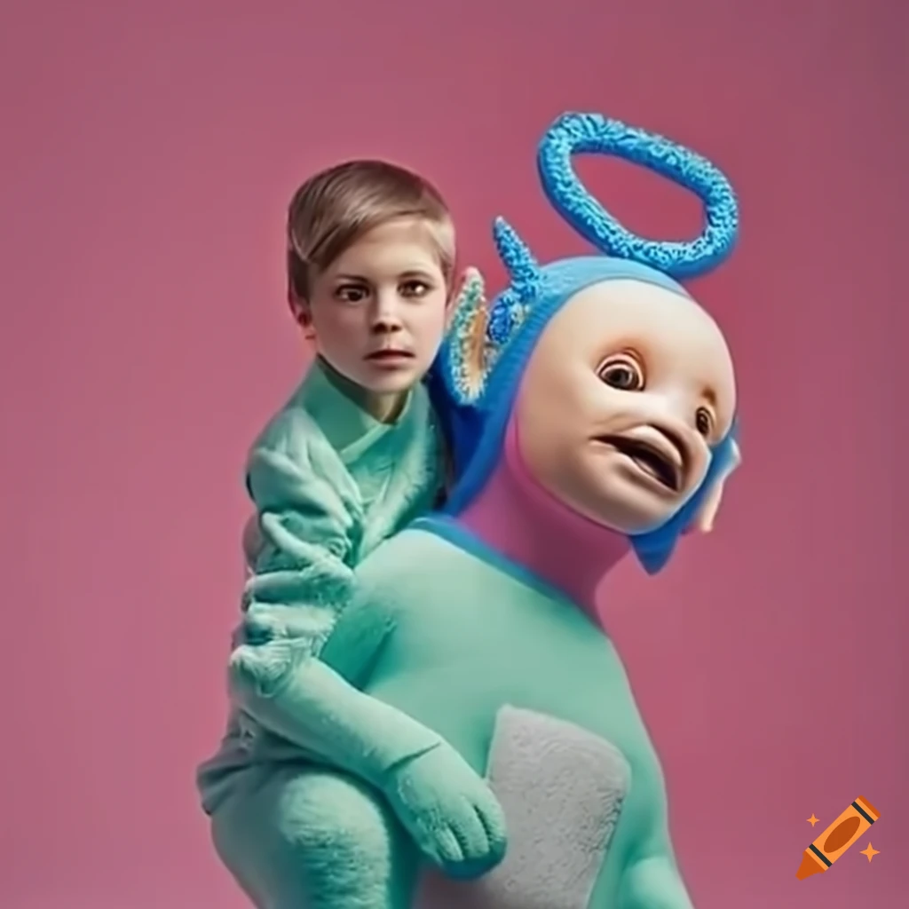 Female teletubby carrying a boy piggyback on Craiyon