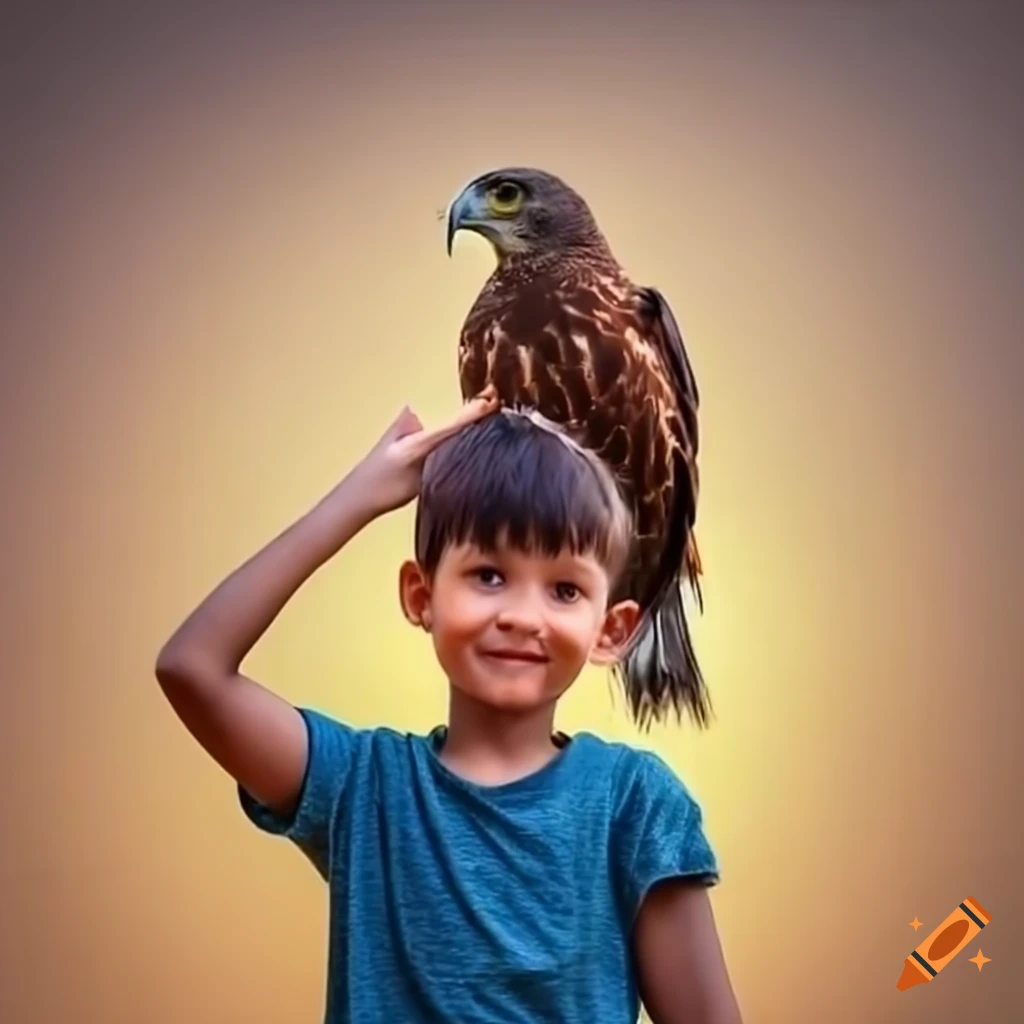 Boy offering gratitude with a hawk on his hand on Craiyon