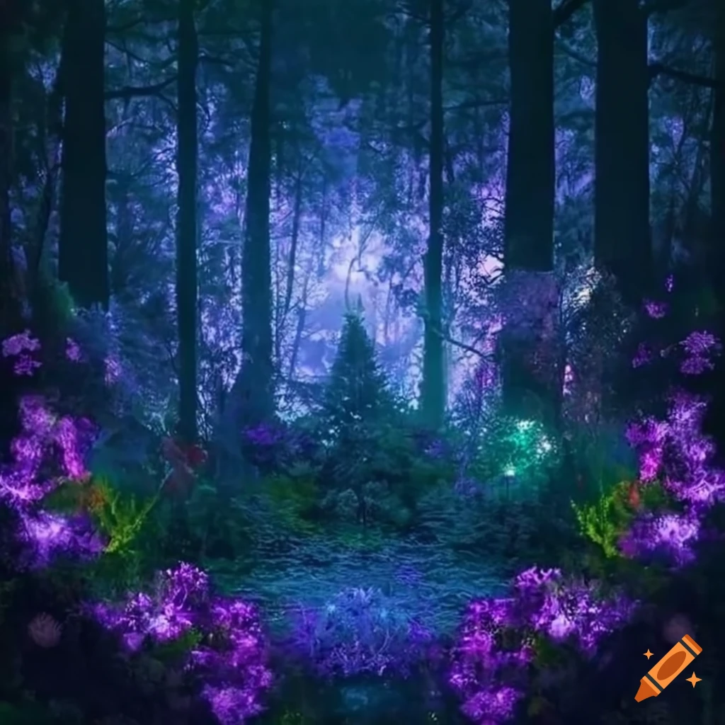 Detailed forest with a magical fey aesthetic at night on Craiyon