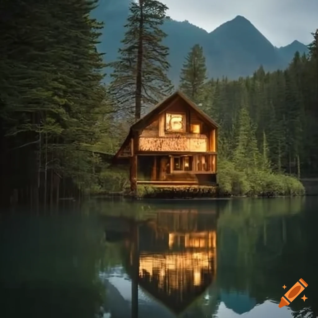 Cozy cabin surrounded by tree-covered mountains near a lake on Craiyon