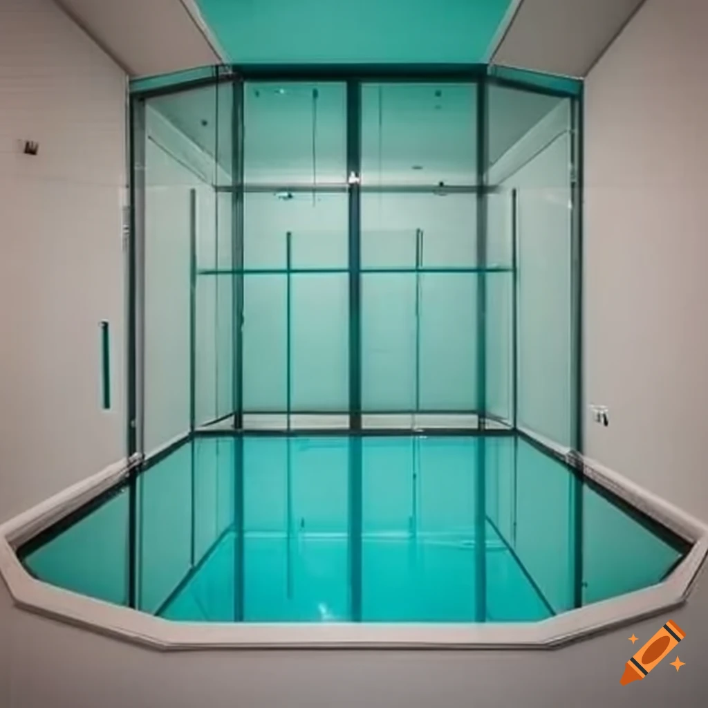 Glass prison cell filled with pool water in an infinite complex on Craiyon