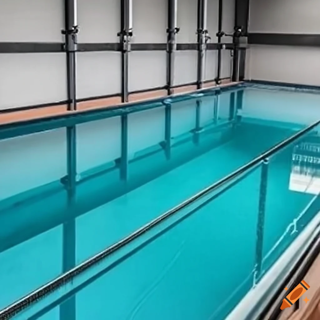 Large indoor swimming pool with wet metal railings and fences on Craiyon