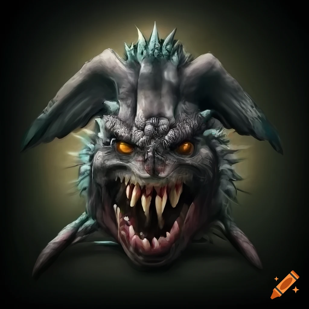 Monster rabbit-dragon with yellow eyes and many teeth in photo realism ...