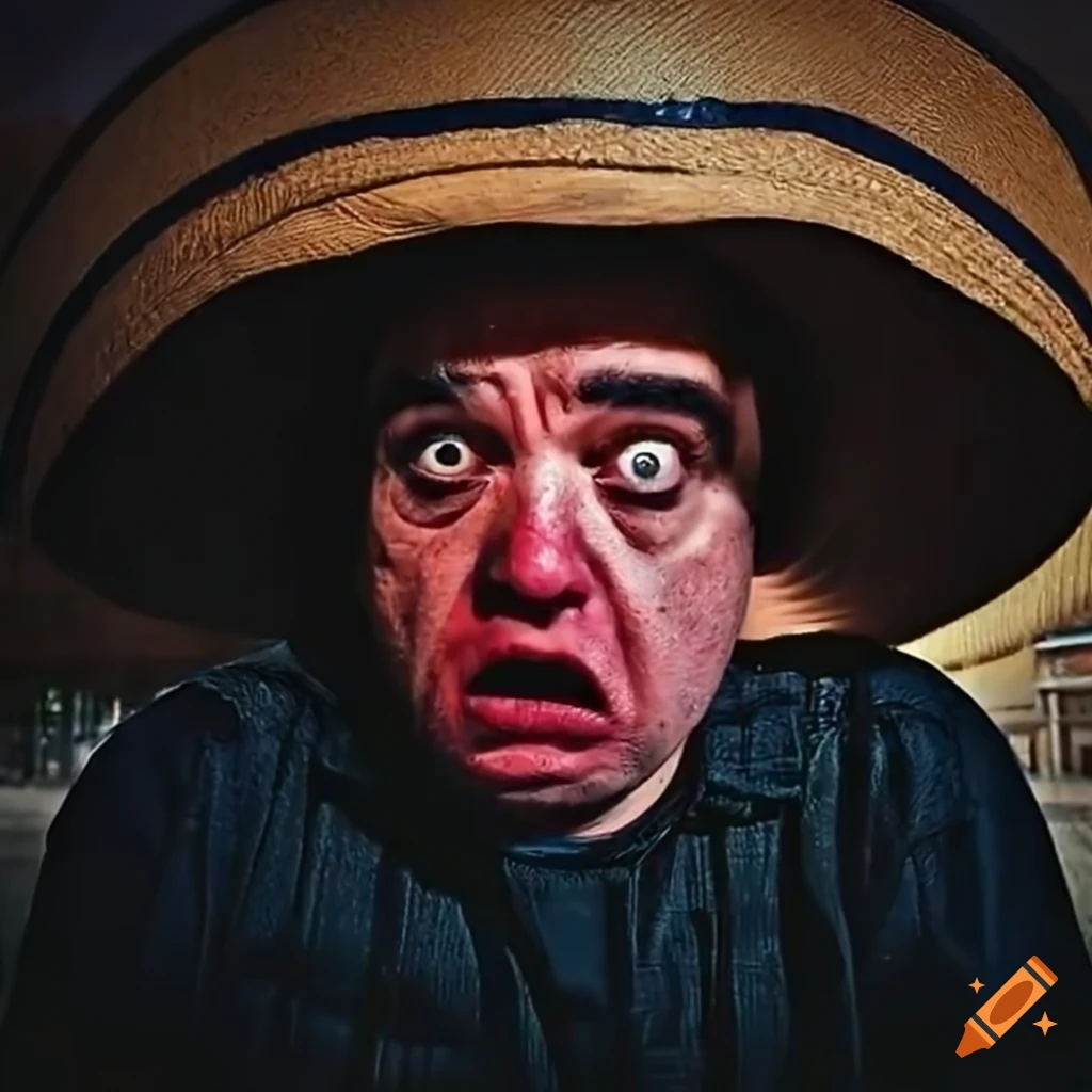 Scared man in a sombrero crying on a city street as Easter bunny passes ...