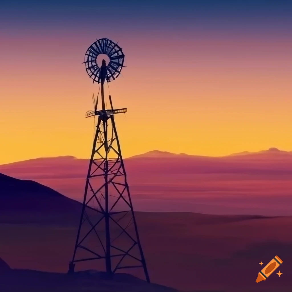Rolling hills with a windmill in American Southwest sunset on Craiyon