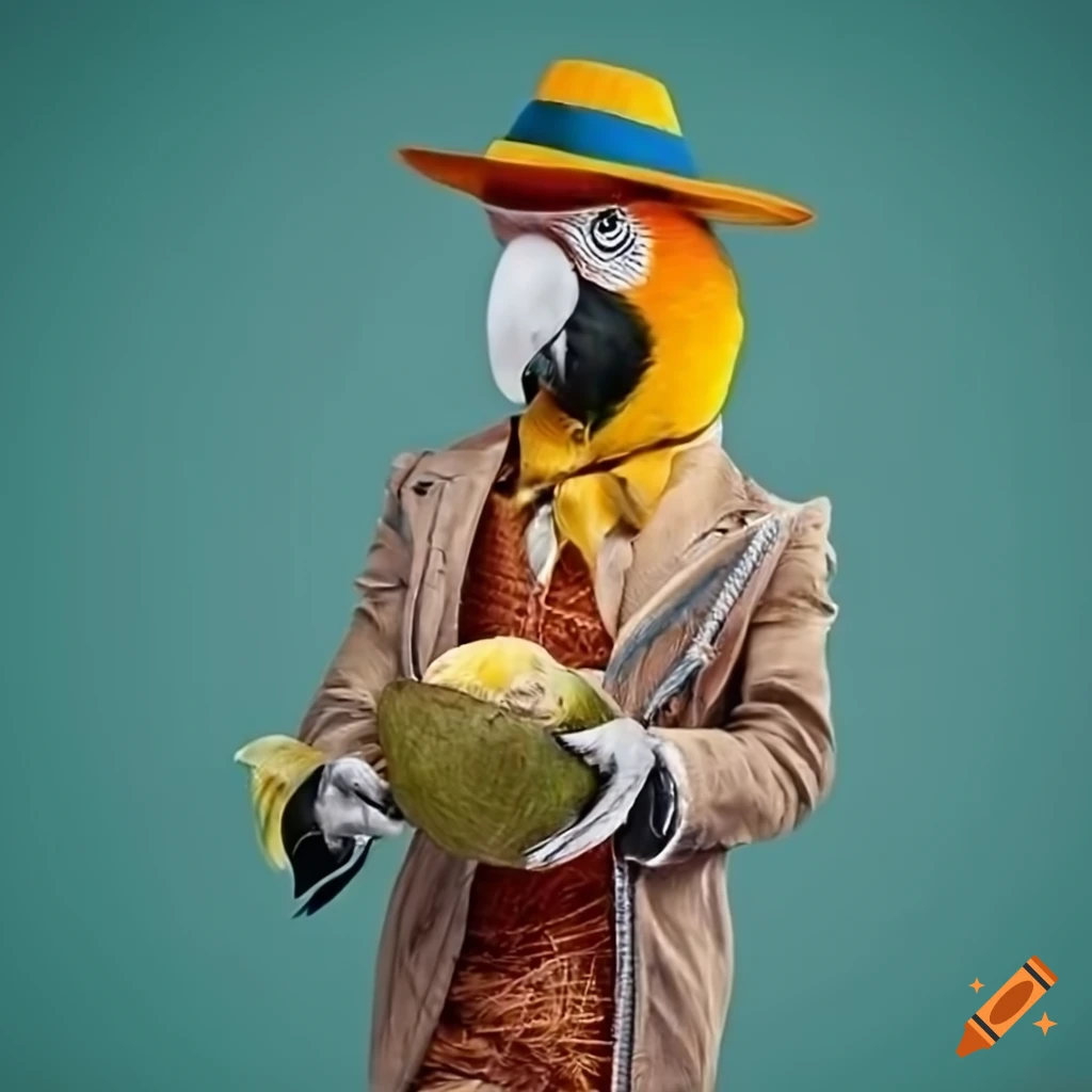 Oversized parrot in a suit and fedora hat in a tropical setting with a ...