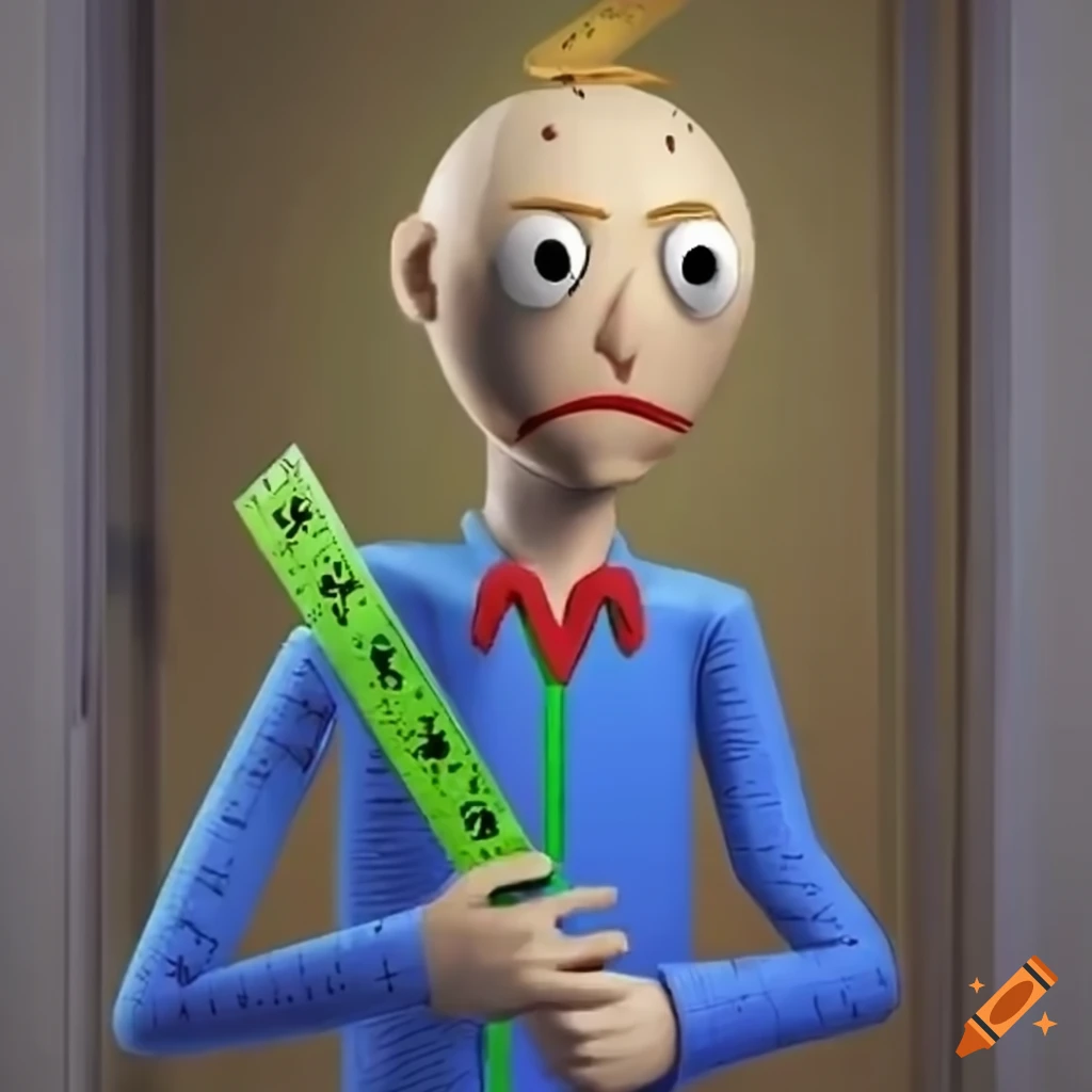 Teacher with an angry face smacking a ruler in a hallway on Craiyon