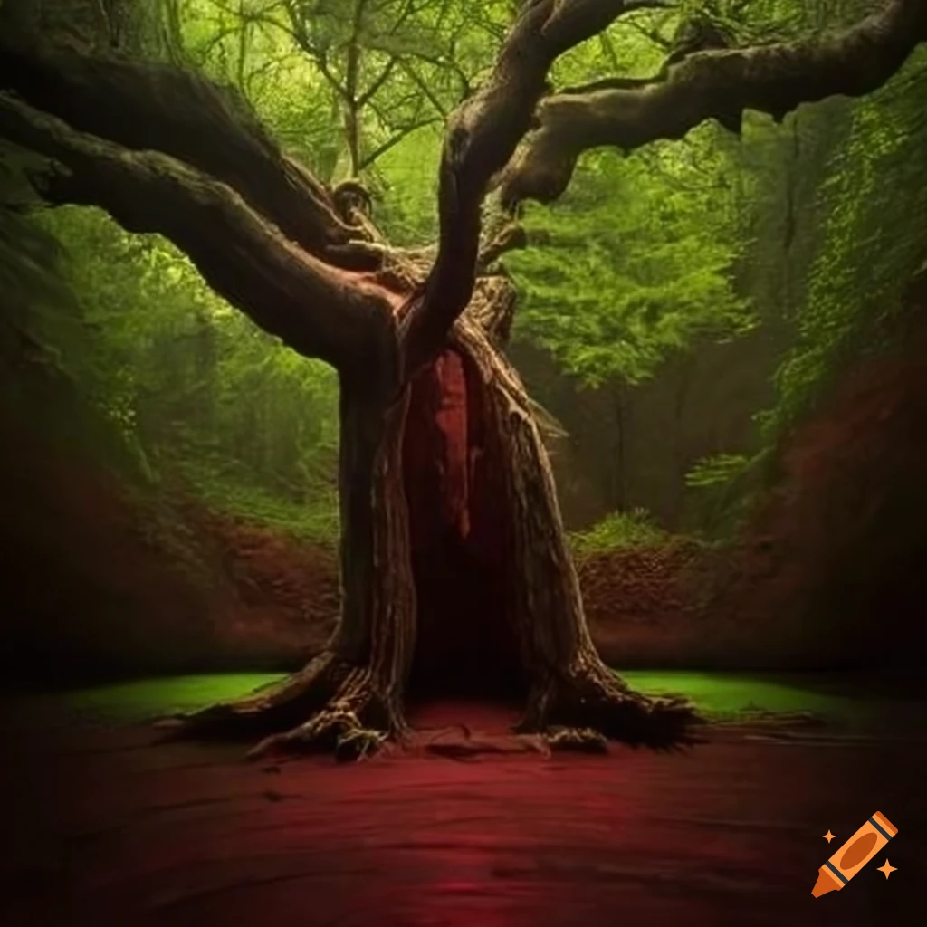 Ancient yew tree with a shiny dark red trunk on Craiyon