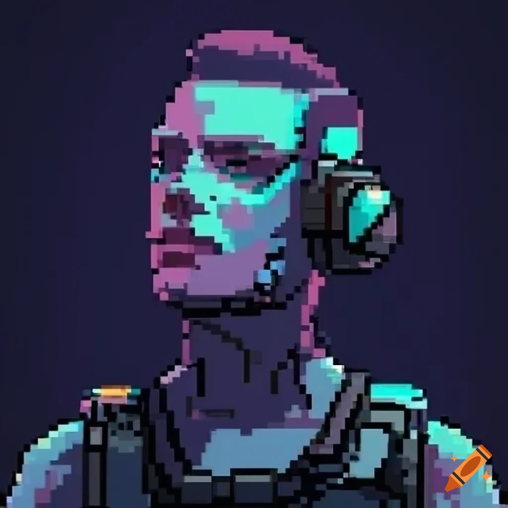 Cyberpunk worker in a spaceship in a pixel art style on Craiyon