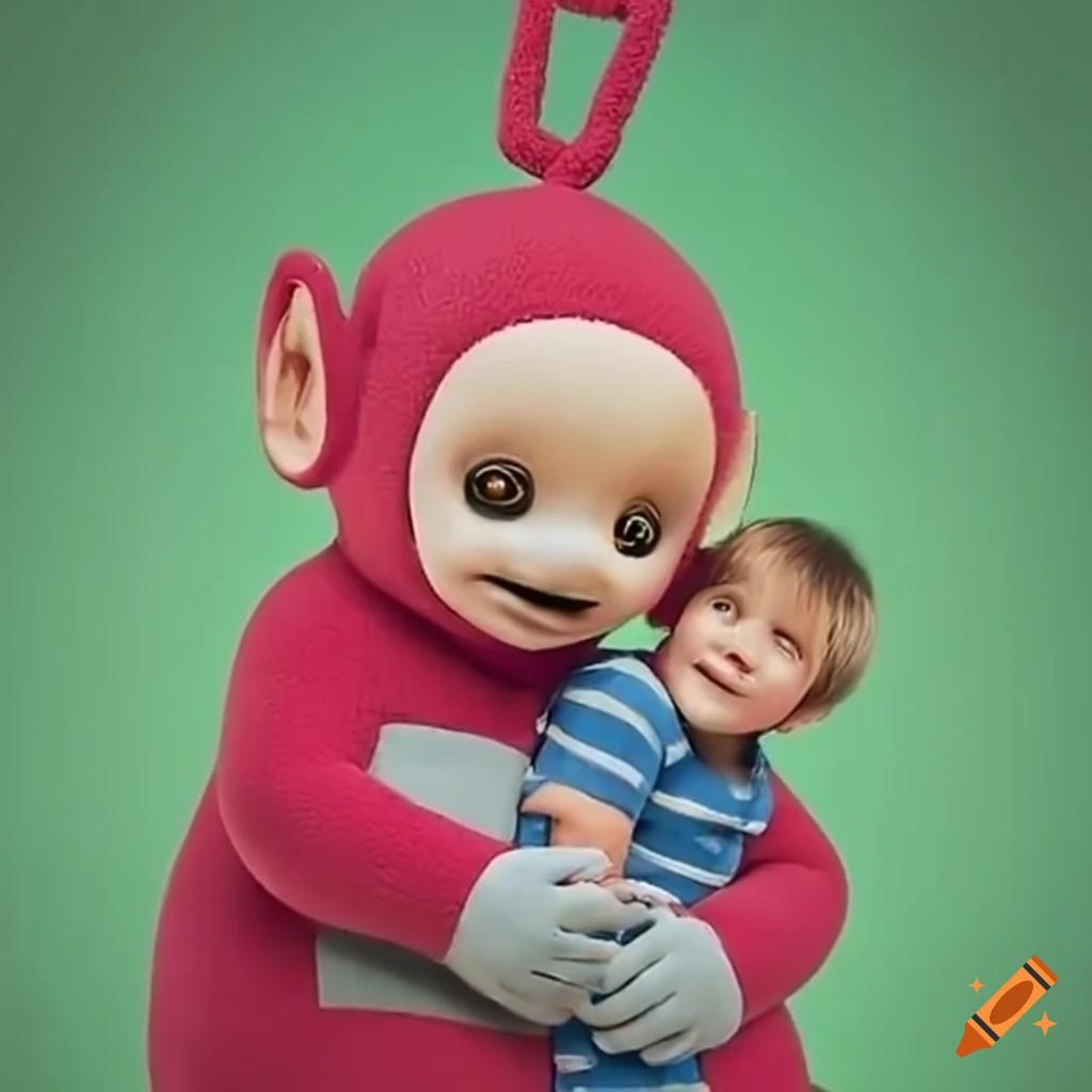 Female teletubby offering piggyback ride to a boy on Craiyon