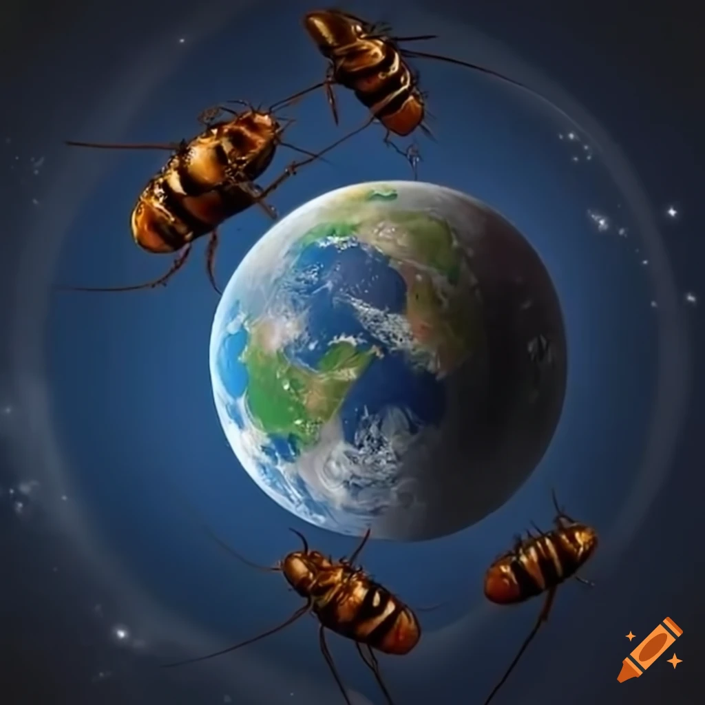 Cockroaches floating in space with earth and moon in the background on ...
