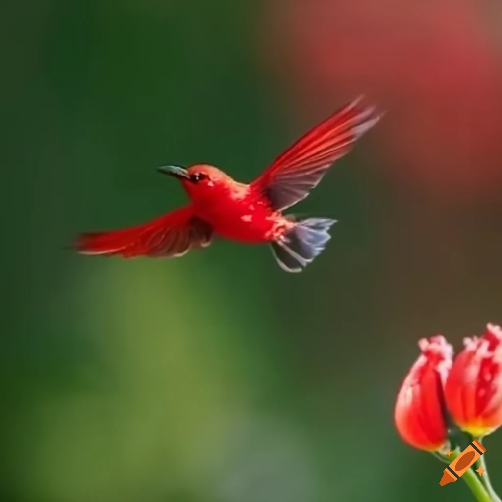 Small red bird flying over a flower on Craiyon