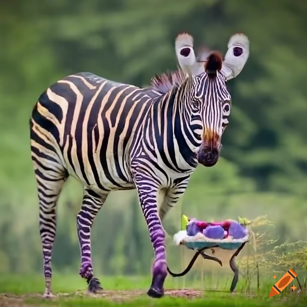 Zebra pulling a cart of purple strawberries in Seattle on Craiyon