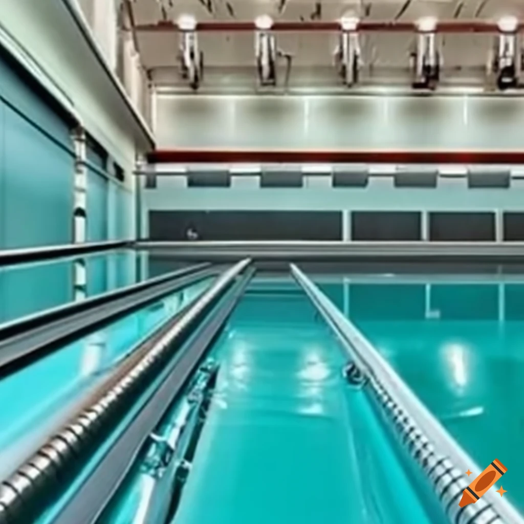 Large indoor swimming pool with wet metal railings on Craiyon