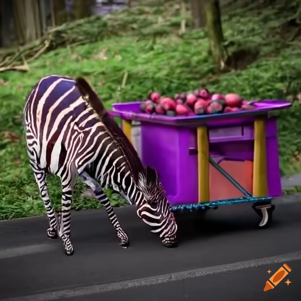 Zebra pulling a cart of purple strawberries in seattle on Craiyon