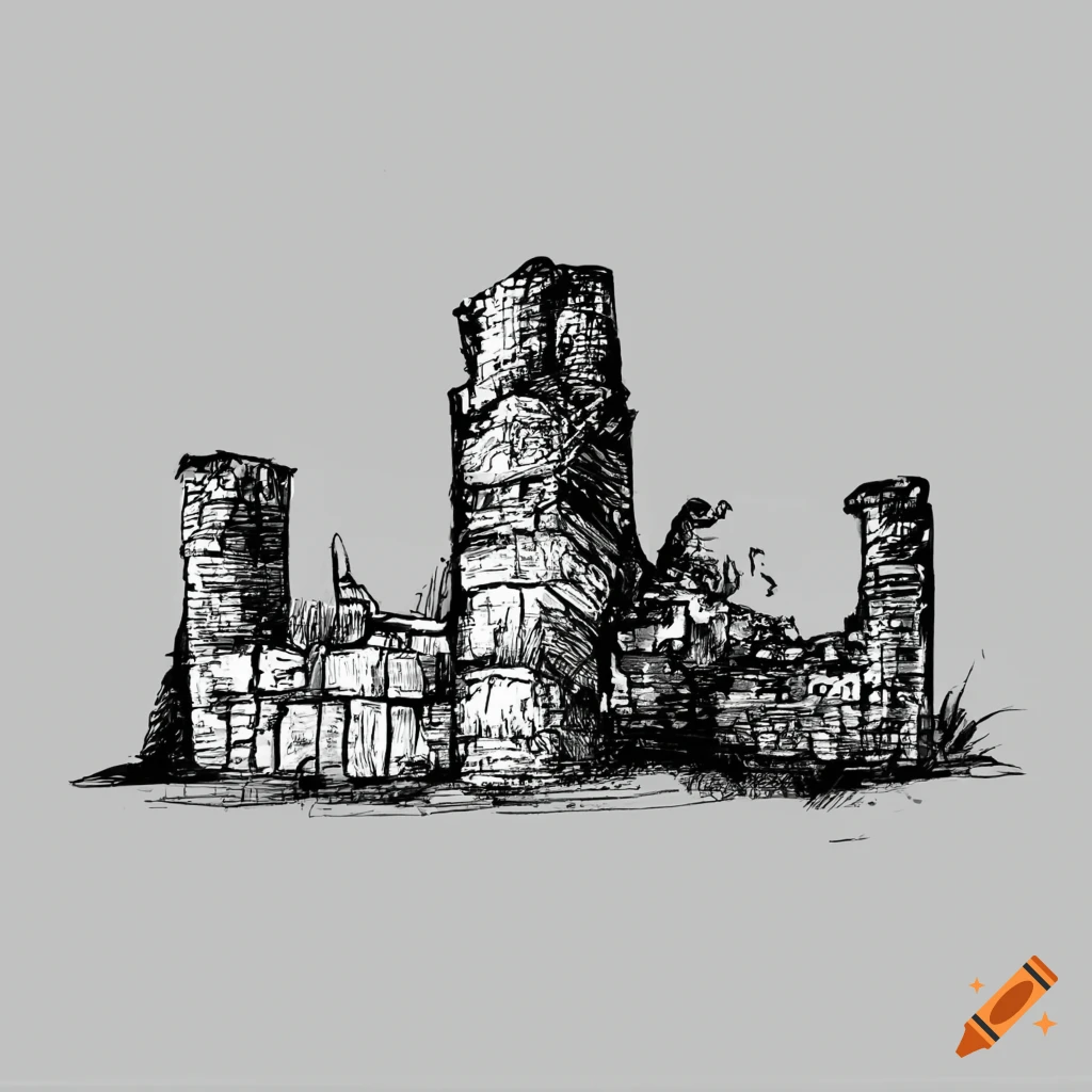 Hand-drawn sketch of medieval brick ruins in black and white on Craiyon