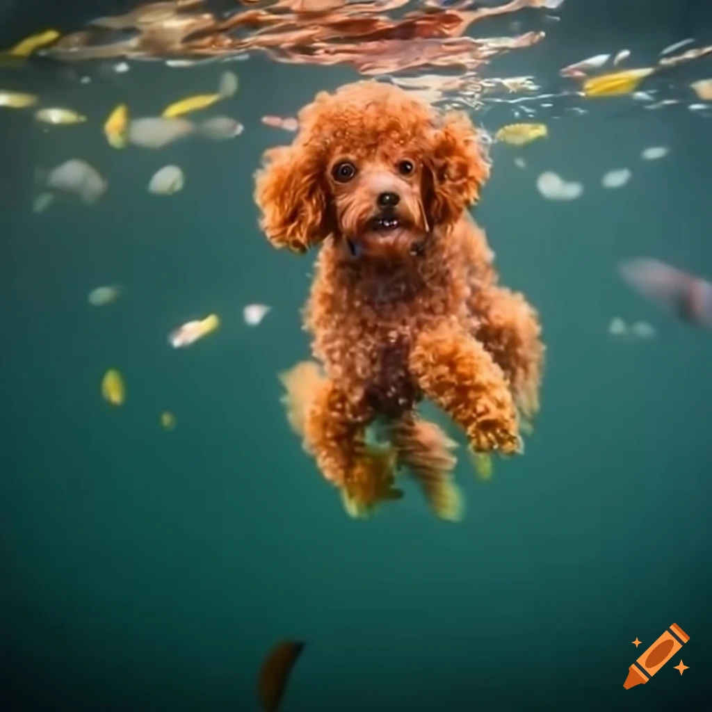 Red toy poodle swimming underwater with fish on Craiyon