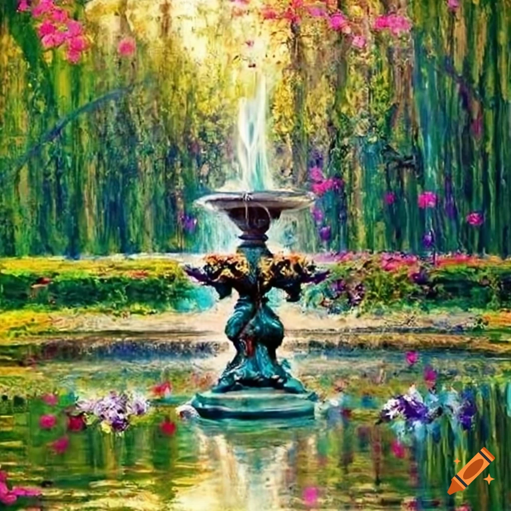 Rococo Monet springtime garden with fountain and flowers at palace on ...