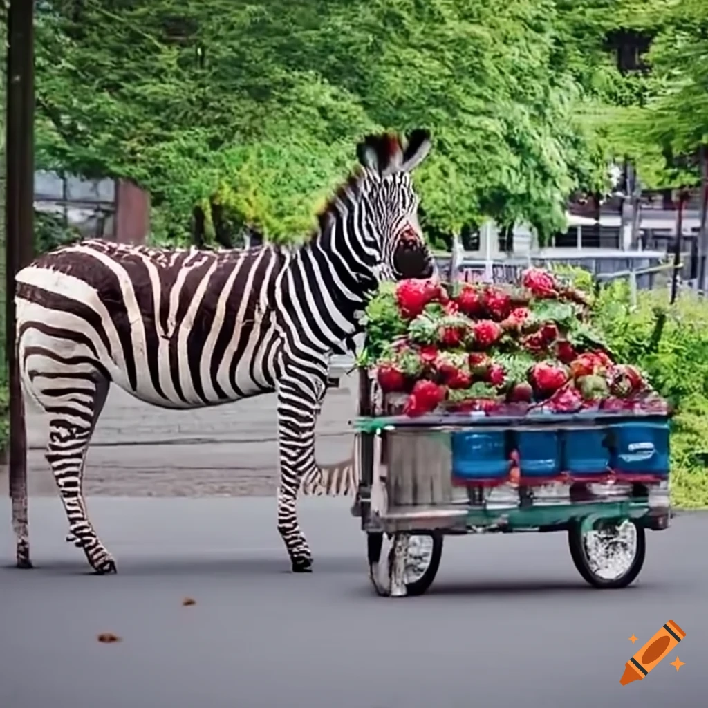 Zebra pulling a cart of purple strawberries in Seattle on Craiyon
