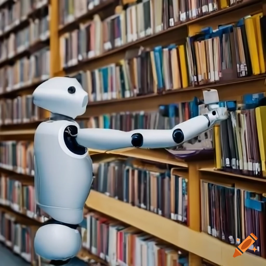 Robotic librarian organizing books in a library on Craiyon