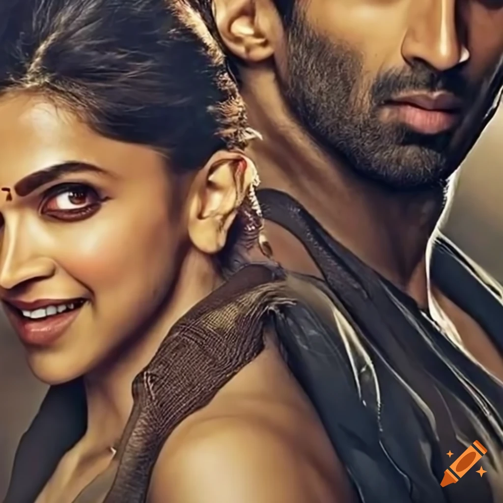 Dynamic action movie poster featuring Aditya Roy Kapur and Deepika Padukone on Craiyon