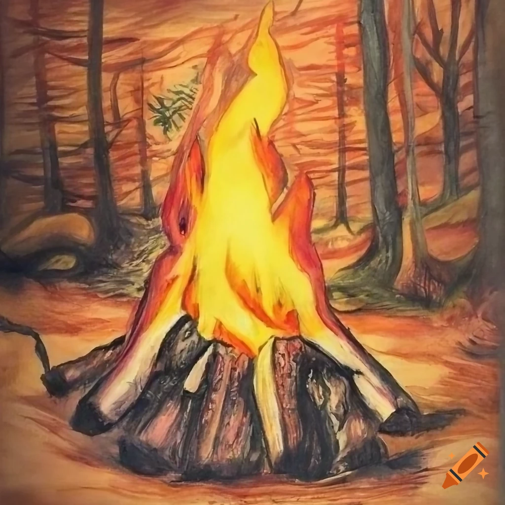 Campfire in the woods by a cave in a nature scene, pencil sketch on Craiyon