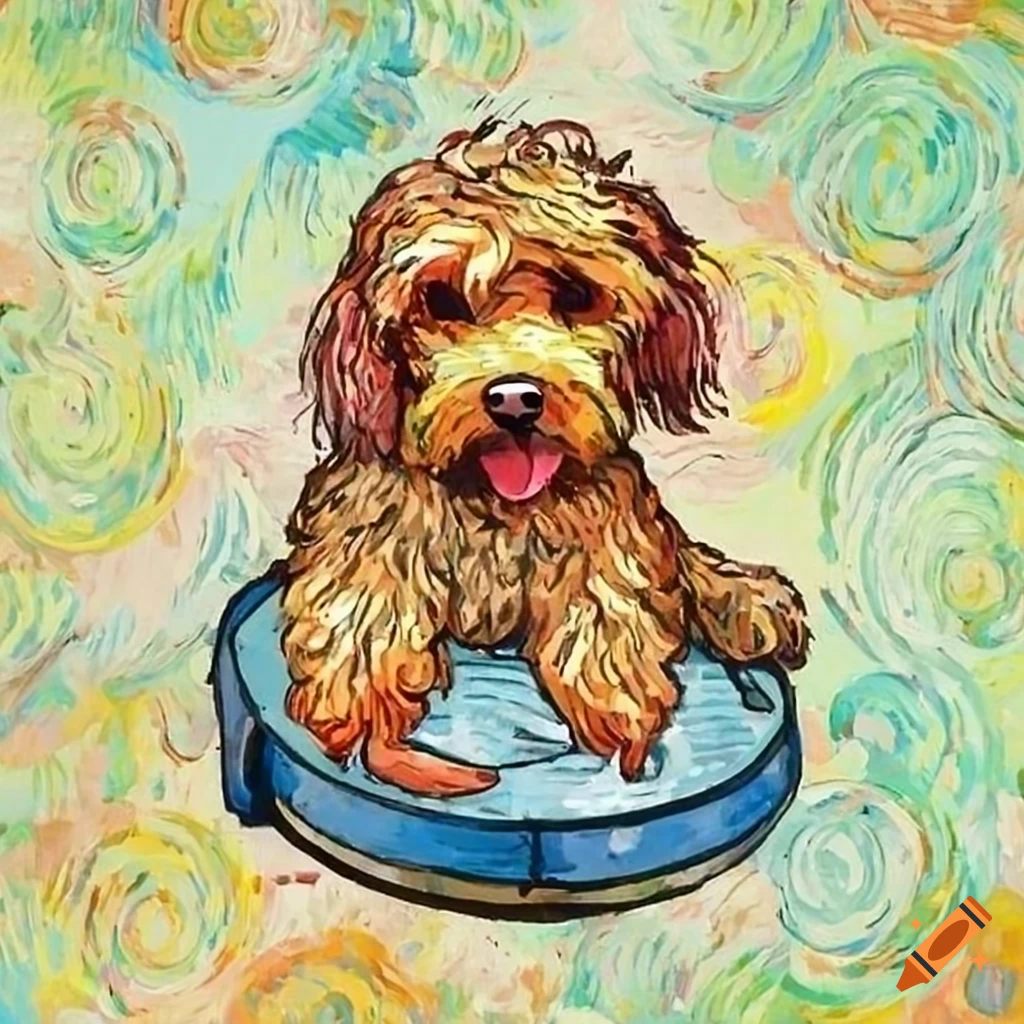 Labradoodle resting on a robot vacuum cleaner near a piano by vincent ...